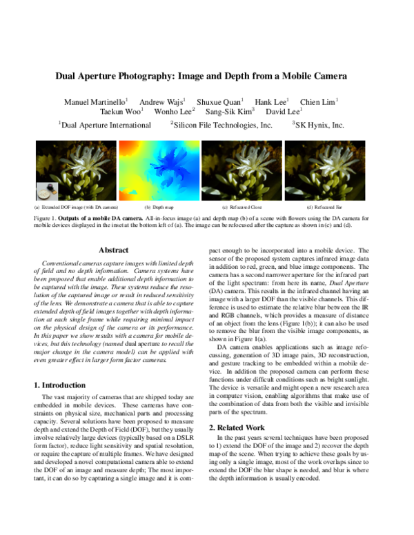(PDF) Dual Aperture Photography: Image and Depth from a Mobile Camera