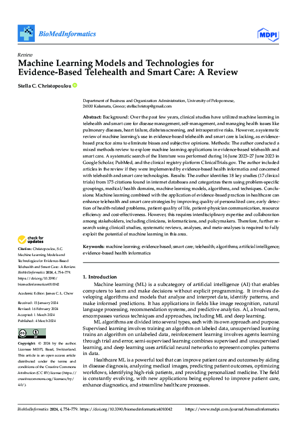 (PDF) Machine Learning Models and Technologies for Evidence-Based Telehealth and Smart Care: A ...