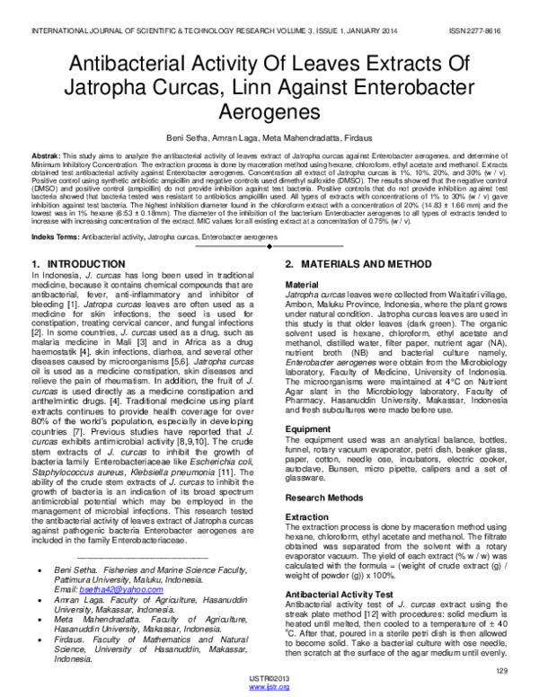 (PDF) Antibacterial Activity Of Leaves Extracts Of Jatropha Curcas, Linn Against Enterobacter ...