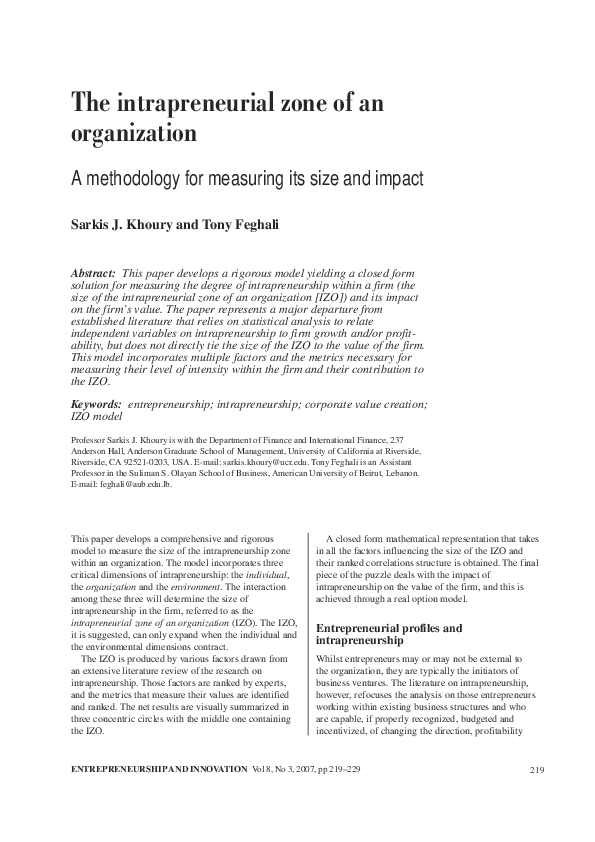 (PDF) The Intrapreneurial Zone of an Organization
