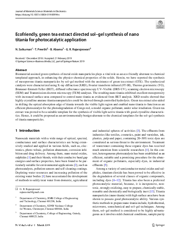 (PDF) Ecofriendly, green tea extract directed sol–gel synthesis of nano titania for ...