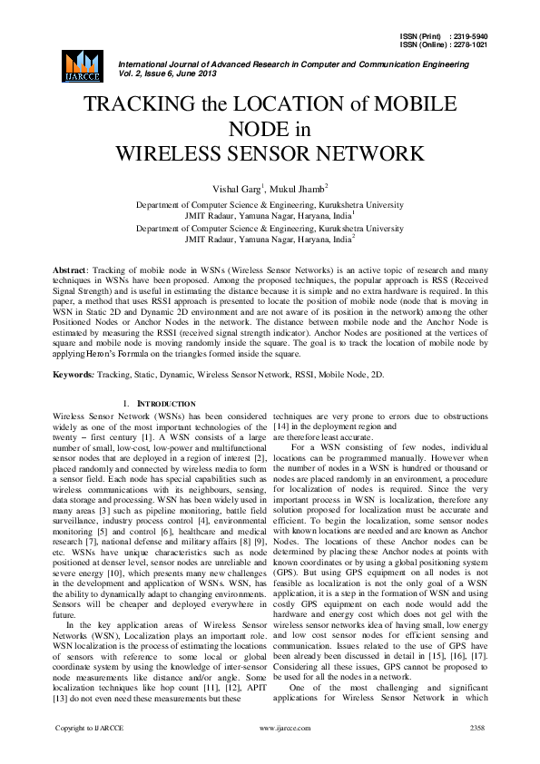 (PDF) TRACKING the LOCATION of MOBILE NODE in WIRELESS SENSOR NETWORK
