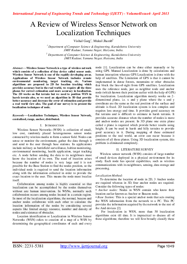 Pdf A Review Of Wireless Sensor Network On Localization Techniques