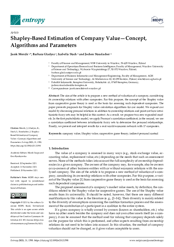 Pdf Shapley Based Estimation Of Company Value—concept Algorithms And