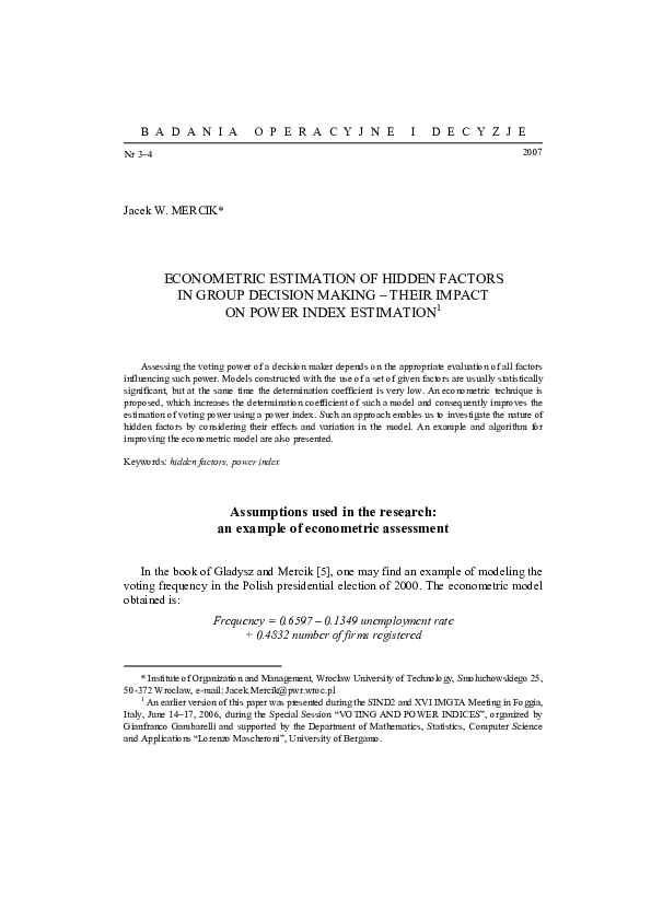 (PDF) Econometric estimation of hidden factors in group decision making – their impacton power ...