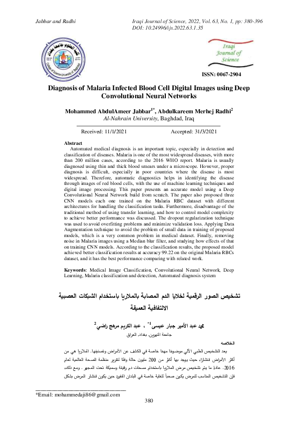 (PDF) Diagnosis of Malaria Infected Blood Cell Digital Images using Deep Convolutional Neural ...