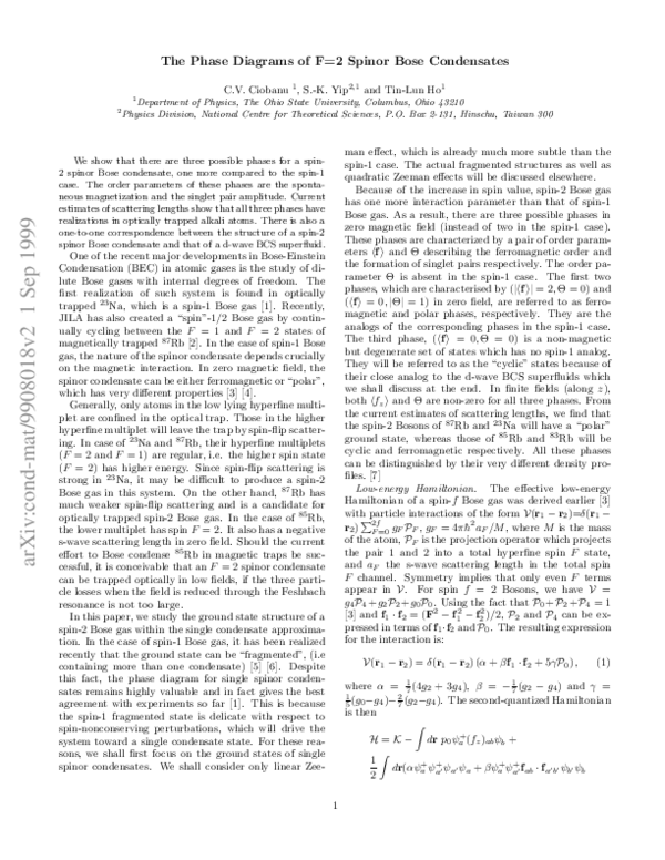 Pdf Phase Diagrams Off 2spinor Bose Einstein Condensates Tin Lun Ho