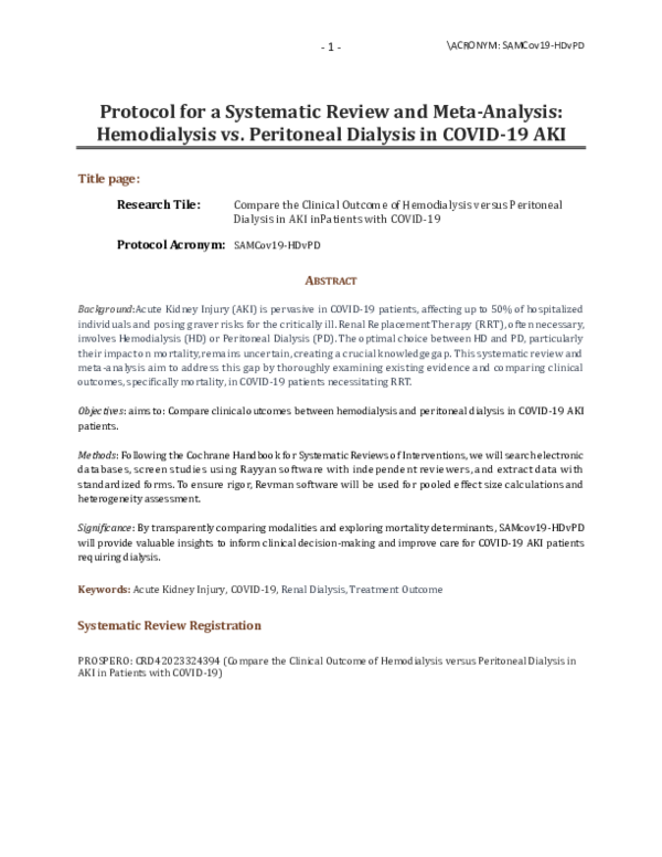 (PDF) Protocol for a Systematic Review and Meta-Analysis: Hemodialysis vs. Peritoneal Dialysis ...