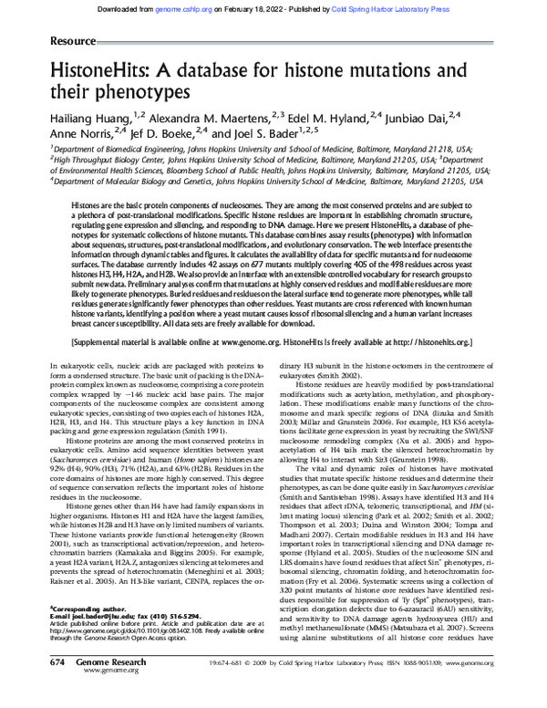 (PDF) HistoneHits: A database for histone mutations and their phenotypes