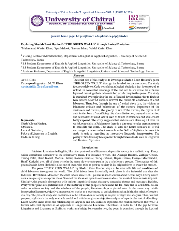 (PDF) Exploring Shadab Zeest Hashmi's "THE GREEN WALLS" through Lexical ...