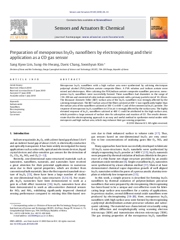 (PDF) Preparation of mesoporous In2O3 nanofibers by electrospinning and their application as a ...