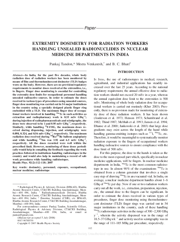 (PDF) Extremity Dosimetry for Radiation Workers Handling Unsealed ...