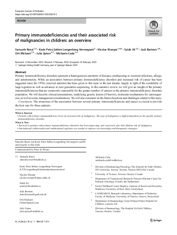 (PDF) Primary immunodeficiencies and their associated risk of malignancies in children: an overview