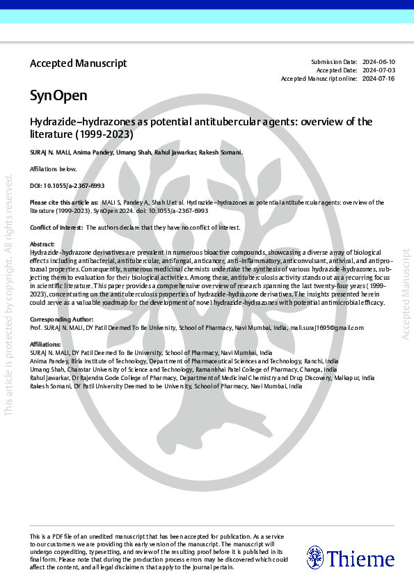 (PDF) Hydrazide–hydrazones as potential antitubercular agents: overview of the literature (1999 ...