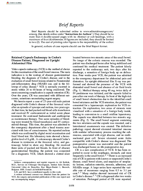 (PDF) Retained Capsule Endoscopy in Crohn's Disease Patient, Diagnosed ...