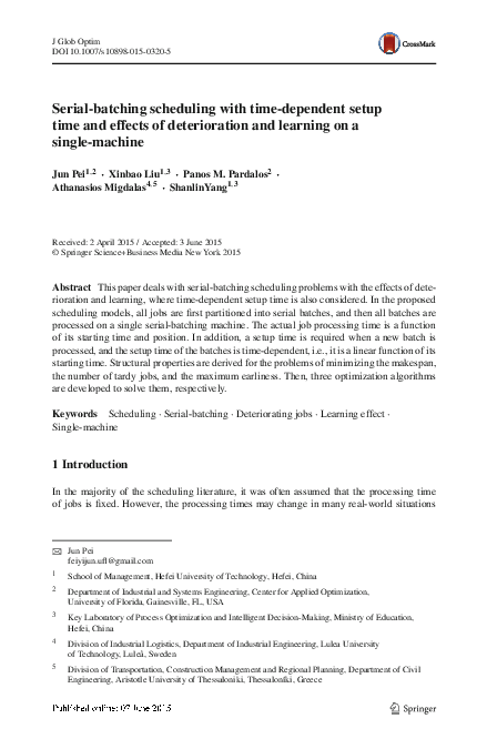 Pdf Serial Batching Scheduling With Time Dependent Setup Time And Effects Of Deterioration And 0292