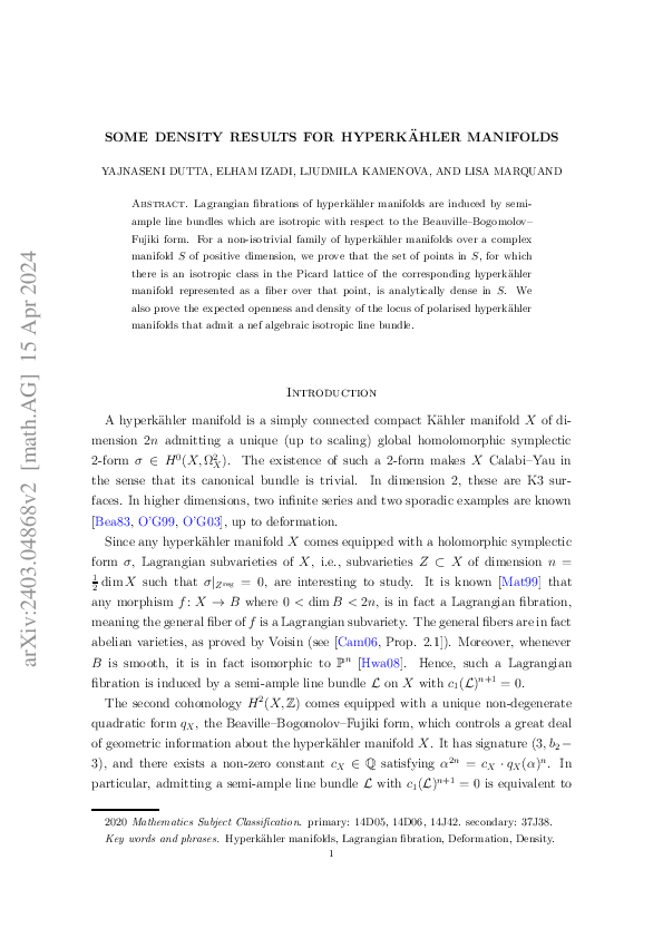(PDF) Some density results for hyperk\"ahler manifolds