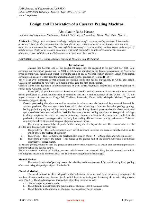 (PDF) Design and Fabrication of a Cassava Peeling Machine