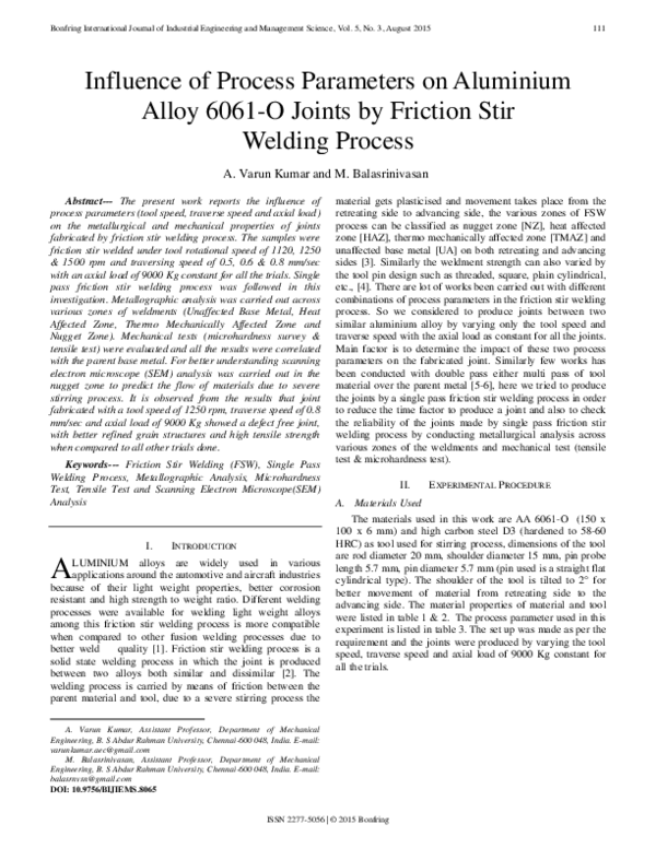 (PDF) Influence of Process Parameters on Aluminium Alloy 6061-O Joints by Friction Stir Welding ...