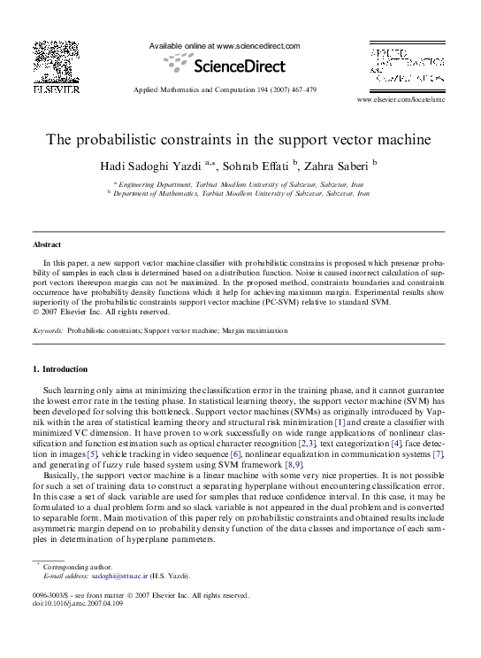 (PDF) The probabilistic constraints in the support vector machine