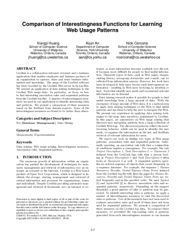 Pdf Comparison Of Interestingness Functions For Learning Web Usage Patterns