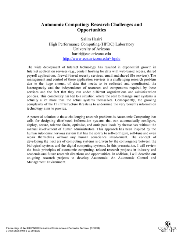 (PDF) Autonomic computing: research challenges and opportunities