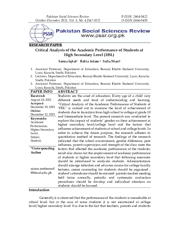 (PDF) Critical Analysis of the Academic Performance of Students at High ...