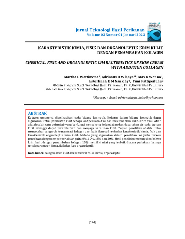 (PDF) Karakteristik Kimia, Fisik Dan Organoleptik Krim Kulit Dengan Penambahan Kolagen