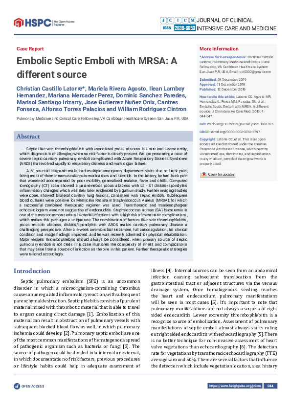(PDF) Embolic Septic Emboli with MRSA: A different source