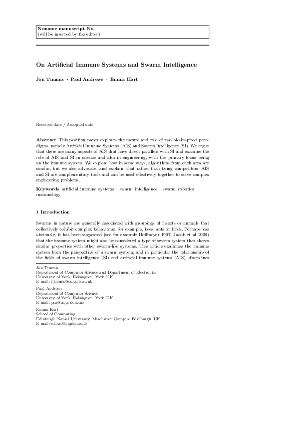 (PDF) On artificial immune systems and swarm intelligence