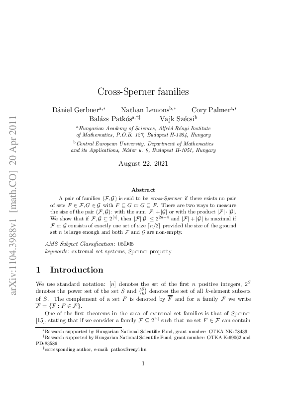 (PDF) Cross-sperner families