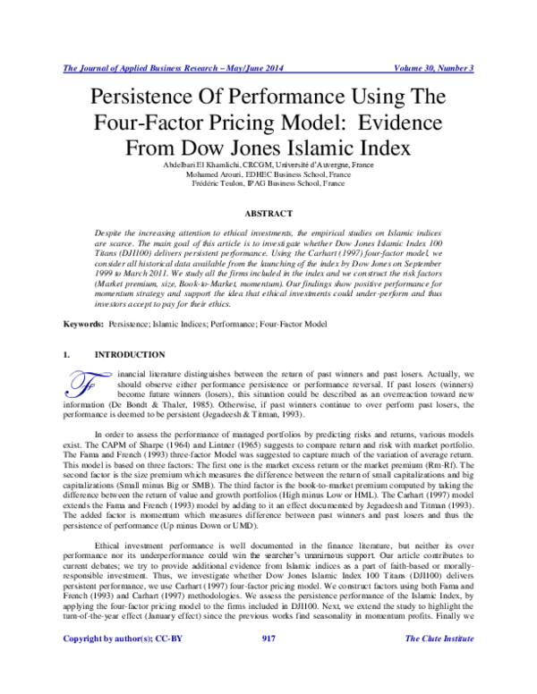 Pdf Persistence Of Performance Using The Four Factor Pricing Model Evidence From Dow Jones