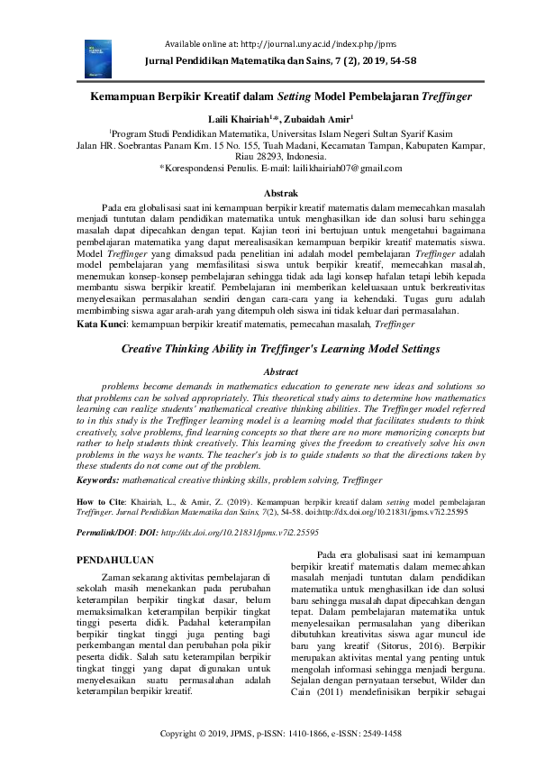 (PDF) Kemampuan Berpikir Kreatif dalam Setting Model Pembelajaran Treffinger