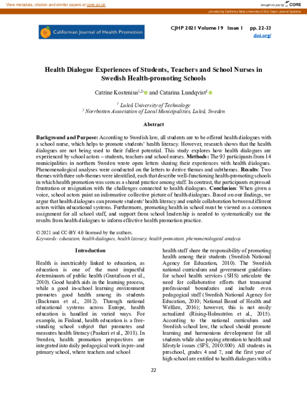 (PDF) Health Dialogue Experiences of Students, Teachers and School ...