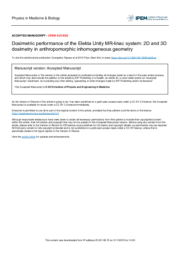 (PDF) Dosimetric performance of the Elekta Unity MR-linac system: 2D and 3D dosimetry in ...