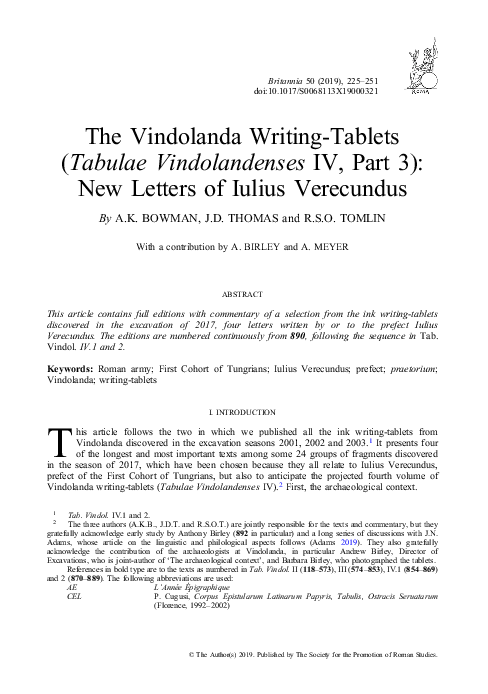 (PDF) The Vindolanda Writing-Tablets (Tabulae Vindolandenses II). By ...