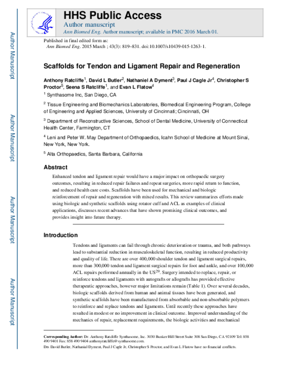 (PDF) Scaffolds for Tendon and Ligament Repair and Regeneration