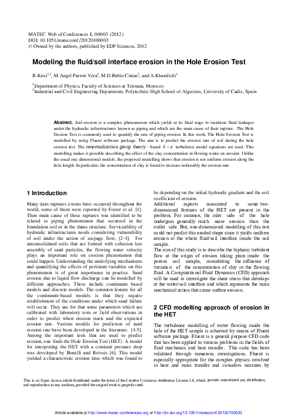 (PDF) Modeling the fluid/soil interface erosion in the Hole Erosion Test
