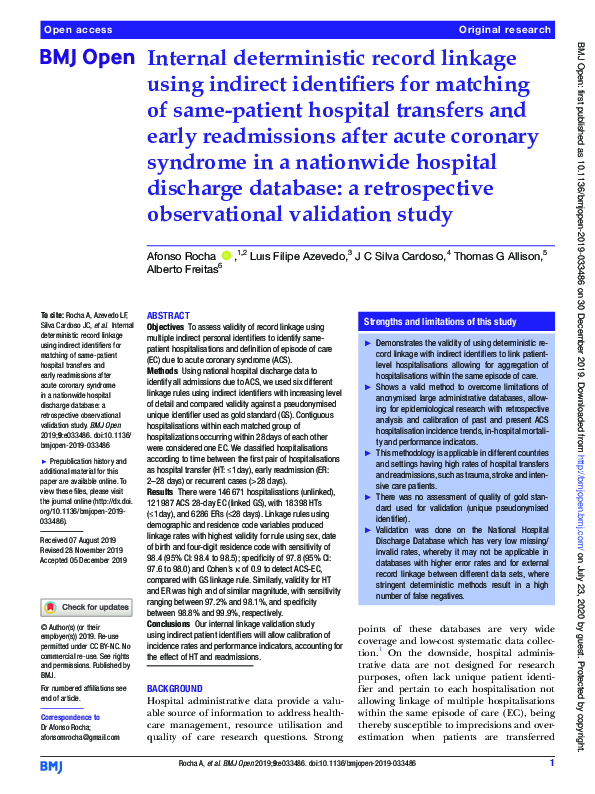 (PDF) Internal deterministic record linkage using indirect identifiers for matching of same ...