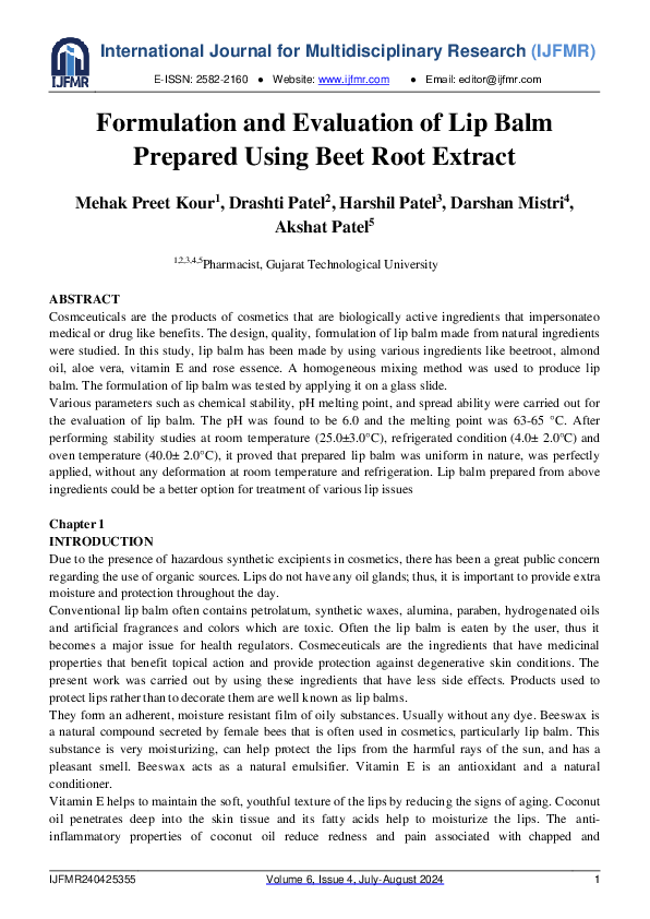 (PDF) Formulation and Evaluation of Lip Balm Prepared Using Beet Root ...