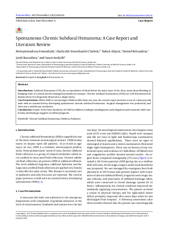 (PDF) Chronic Subdural Hematoma in Pediatrics: A Case Report and Literature Review of Rare Cases