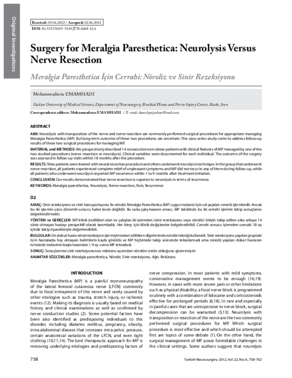 (PDF) Surgery for meralgia paresthetica: neurolysis versus nerve resection