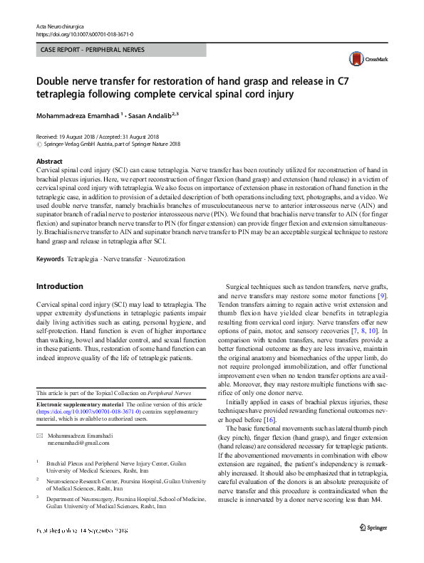 (PDF) Double nerve transfer for restoration of hand grasp and release ...