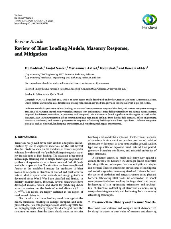 (PDF) Review of Blast Loading Models, Masonry Response, and Mitigation