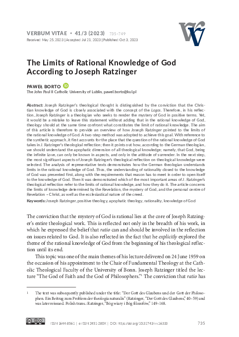 (PDF) The limits of rational knowledge of God according to Joseph Ratzinger