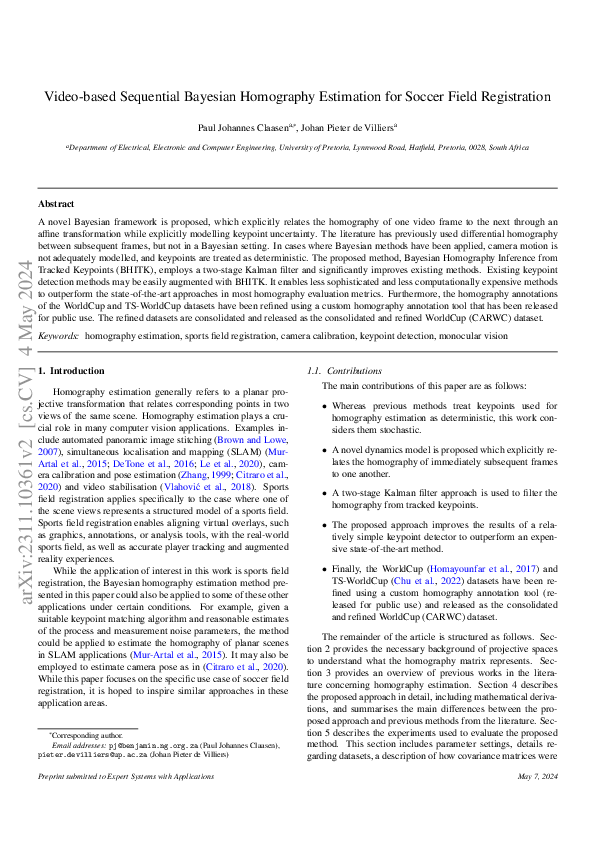 (PDF) Video-based Sequential Bayesian Homography Estimation for Soccer ... (PDF) Video-based Sequential Bayesian Homography Estimation for Soccer ...
