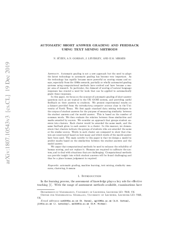 (PDF) Automatic short answer grading and feedback using text mining methods | Alexander Gorban ...