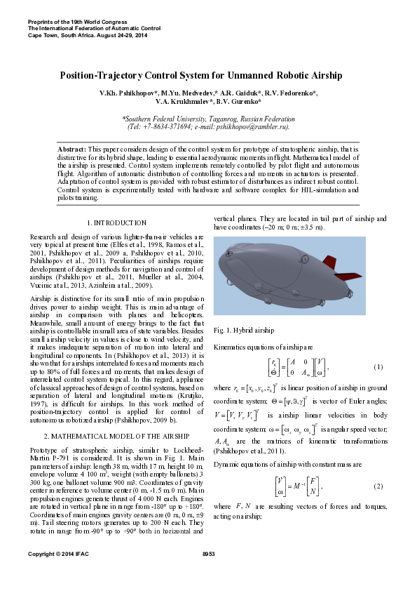 (PDF) Position-Trajectory Control System for Unmanned Robotic Airship