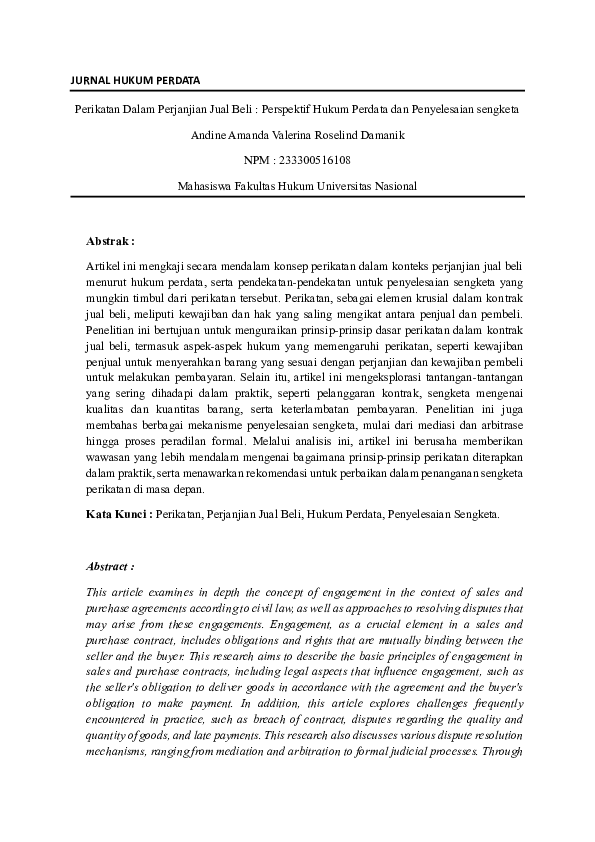 (PDF) JURNAL HUKUM PERDATA Perikatan Dalam Perjanjian Jual Beli ...