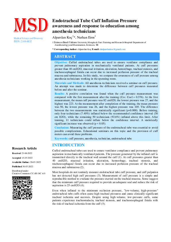 (PDF) Endotracheal Tube Cuff Inflation Pressure awareness and response ...